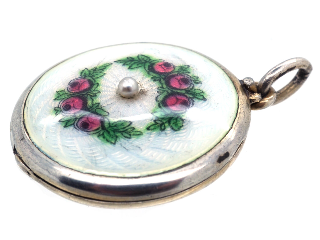 Edwardian Round Silver & Enamel Roses Locket (280G) | The Antique ...