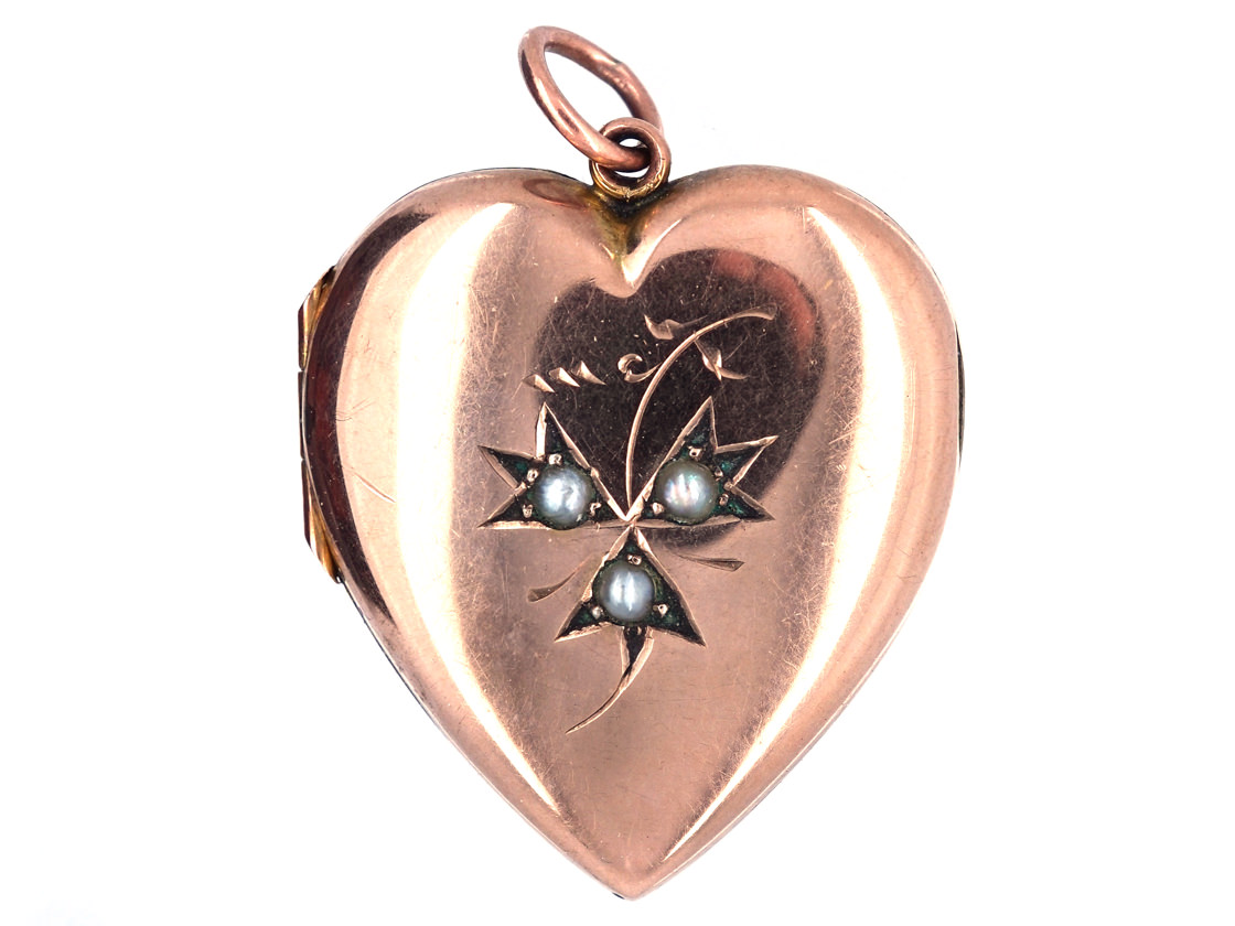 Rose Gold Edwardian Heart Shaped Locket with three Natural Split Pearls ...