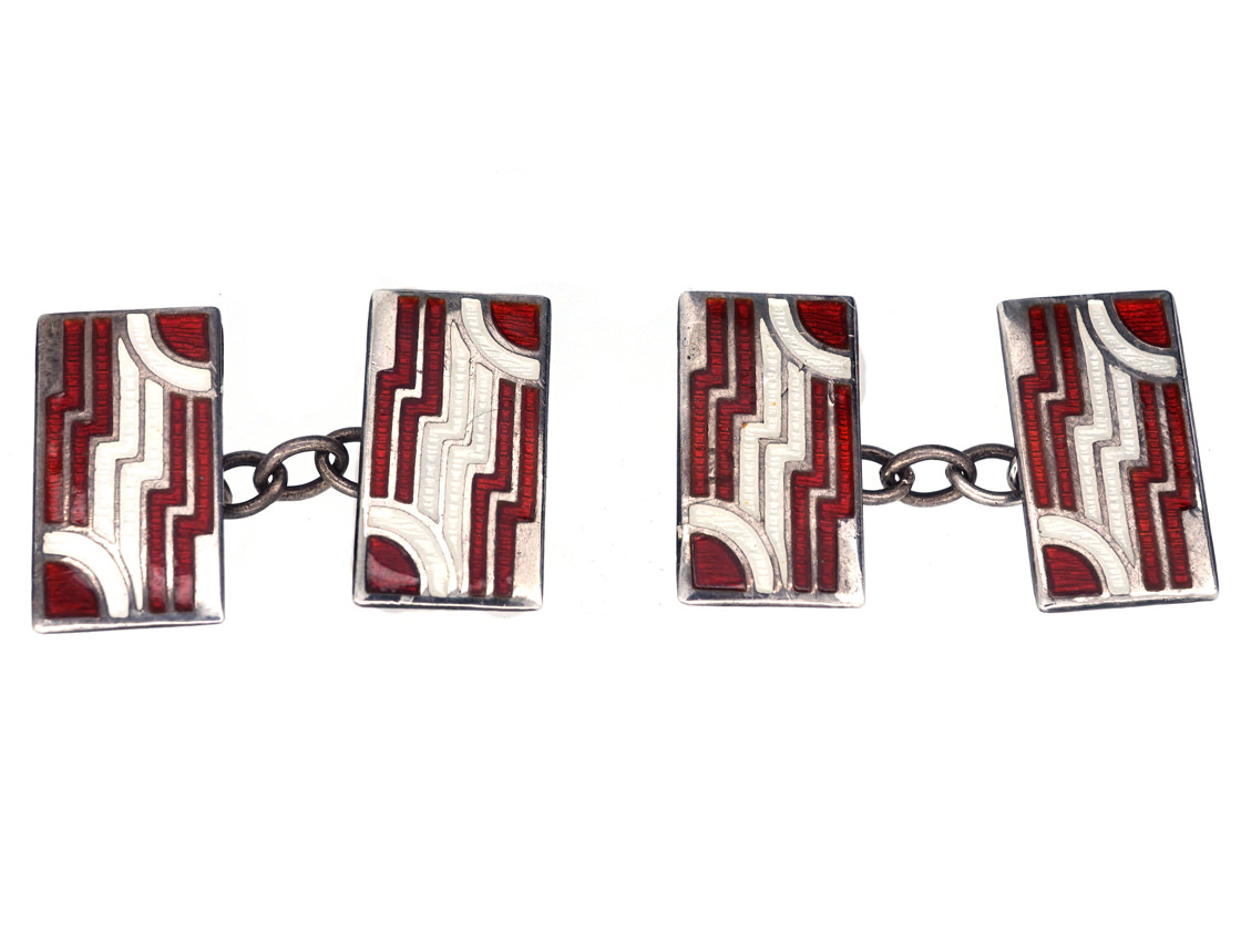 Art Deco Silver, Red & White Enamel Rectangular Cufflinks (65H) | The Antique Jewellery Company