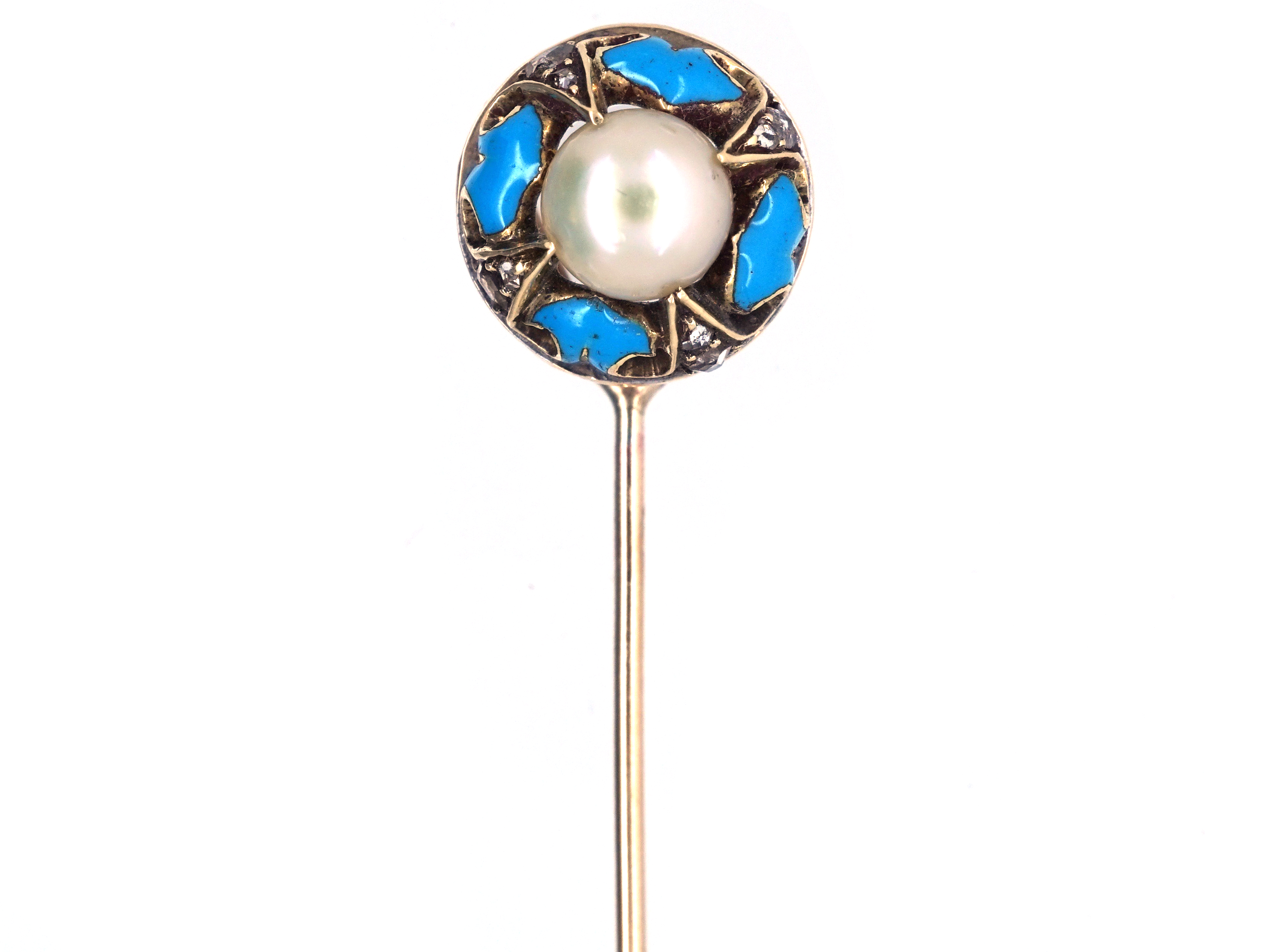 Victorian 15ct Gold, Turquoise Blue Enamel, Diamond & Natural Pearl Tie ...