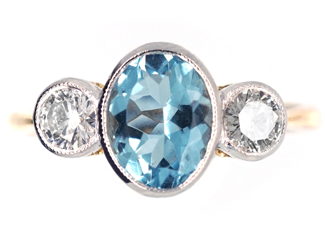 18ct Yellow & White Gold, Aquamarine & Diamond Three Stone Ring (136H ...