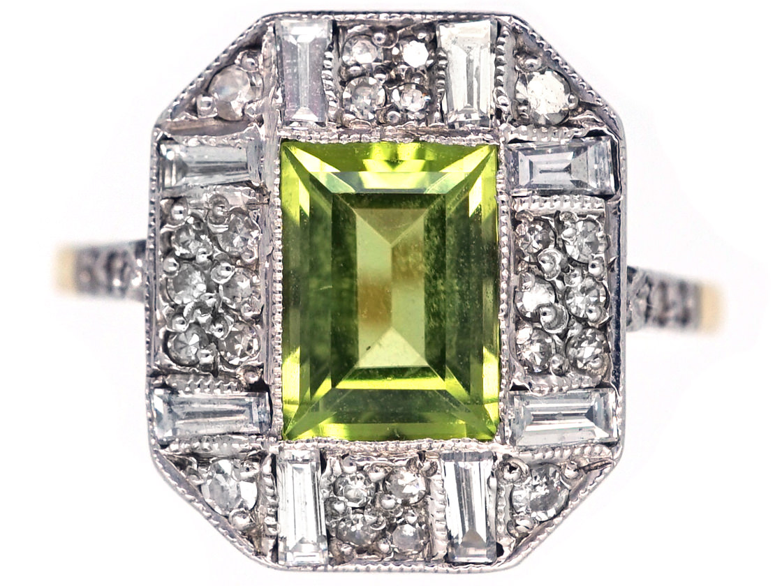 Art Deco 18ct Gold & Platinum, Rectangular Peridot & Diamond Ring (817G ...