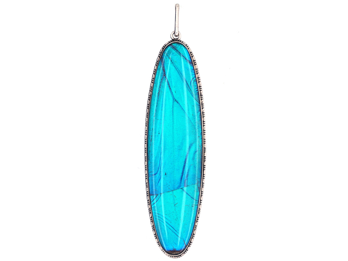 Art Deco Silver & Butterfly Wing Long Oval Pendant (251H) | The Antique ...