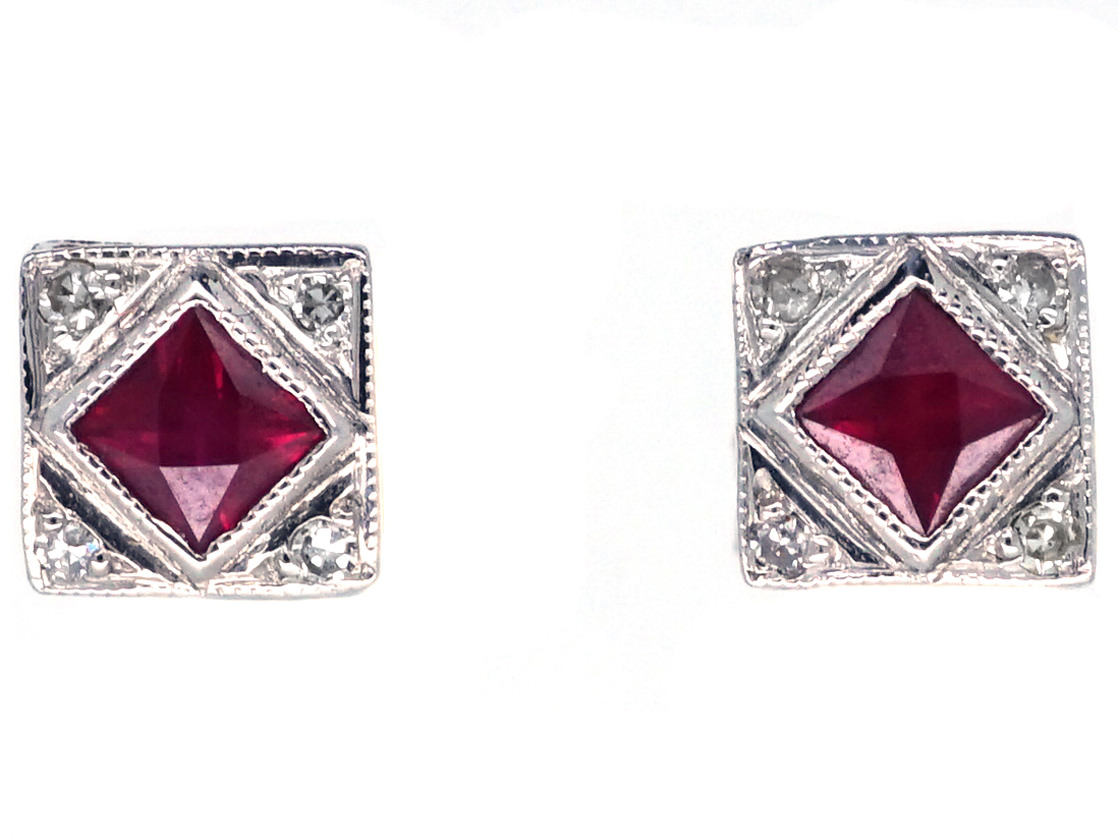18ct White Gold Ruby & Diamond Square Earrings (362H) | The Antique ...