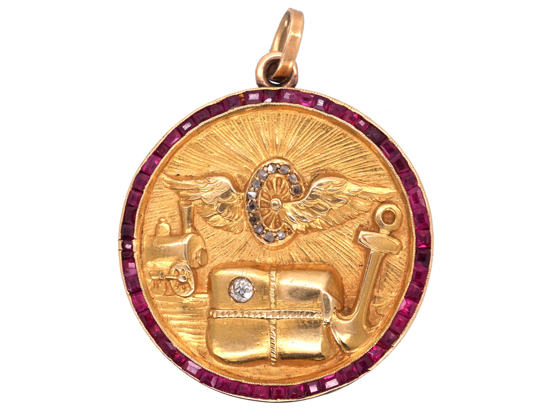 18ct Gold, Diamond & Ruby Round Locket With Air, Rail & Sea Design ...