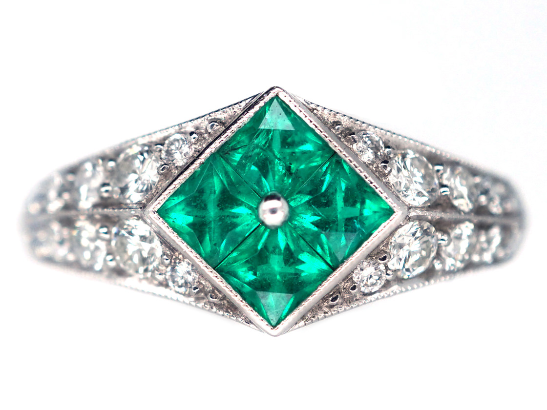 Platinum, Emerald & Diamond, Diamond Shaped Ring (403H) | The Antique ...