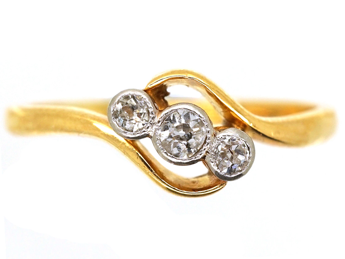 Edwardian 18ct Gold , Platinum & Diamond Three Stone Crossover RIng ...