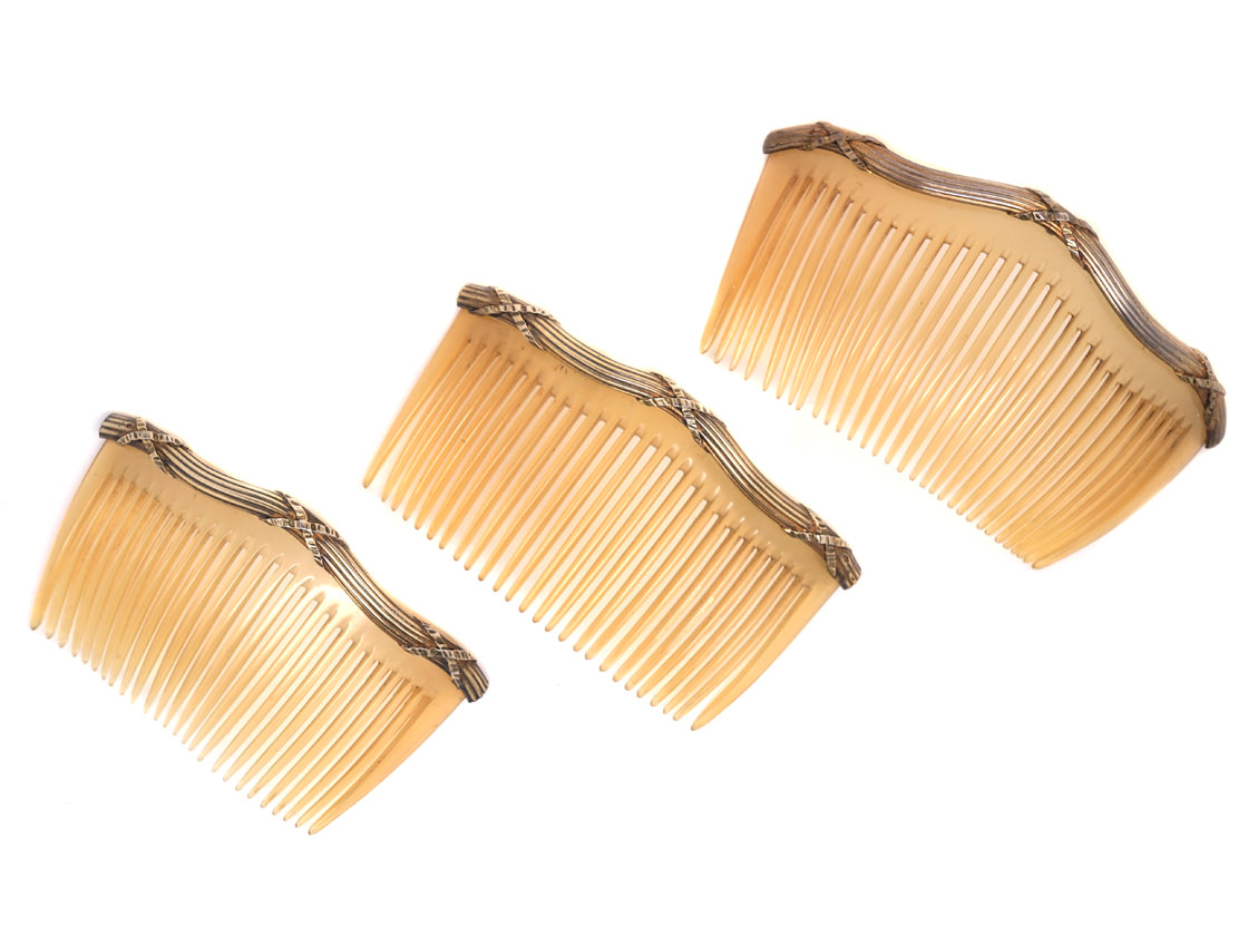 Edwardian Set of Three Silver Gilt & Horn Combs in Original Case (636F ...