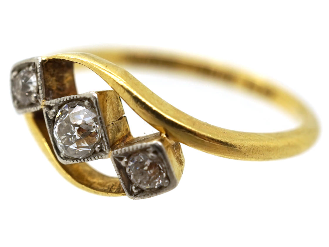 Edwardian 18ct Gold & Platinum, Three Diamond Crossover Ring (542H ...