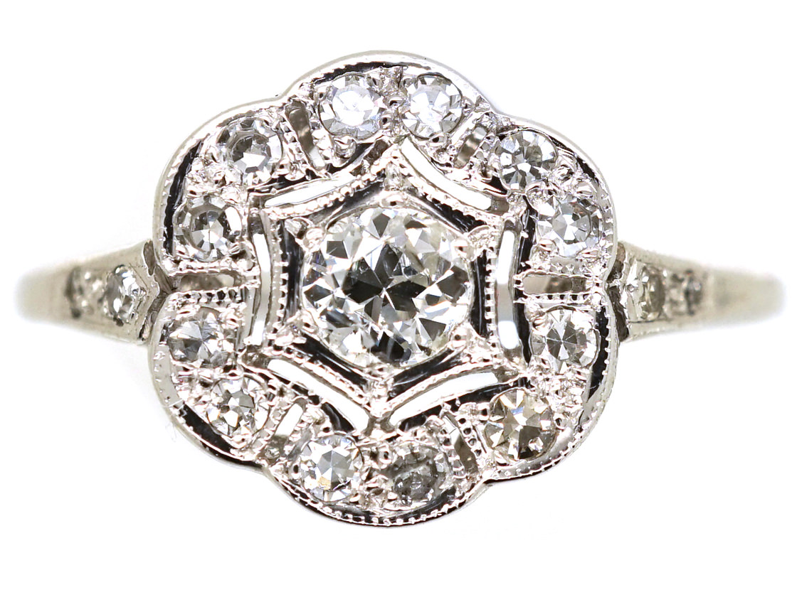 18ct White Gold Diamond Six Petal Cluster Ring (21/J) | The Antique ...