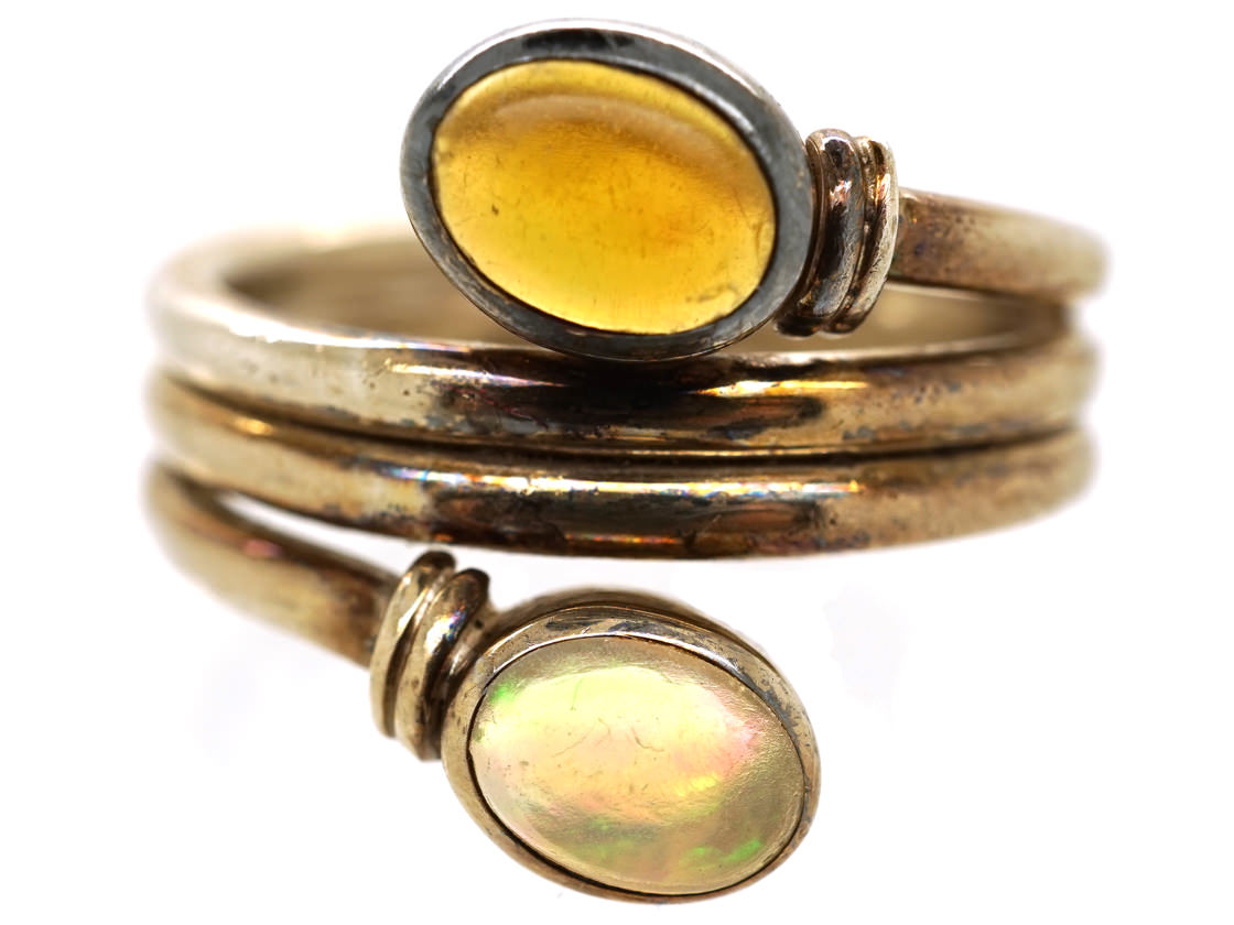 Silver Coily Two Stone Opal Ring - The Antique Jewellery Company