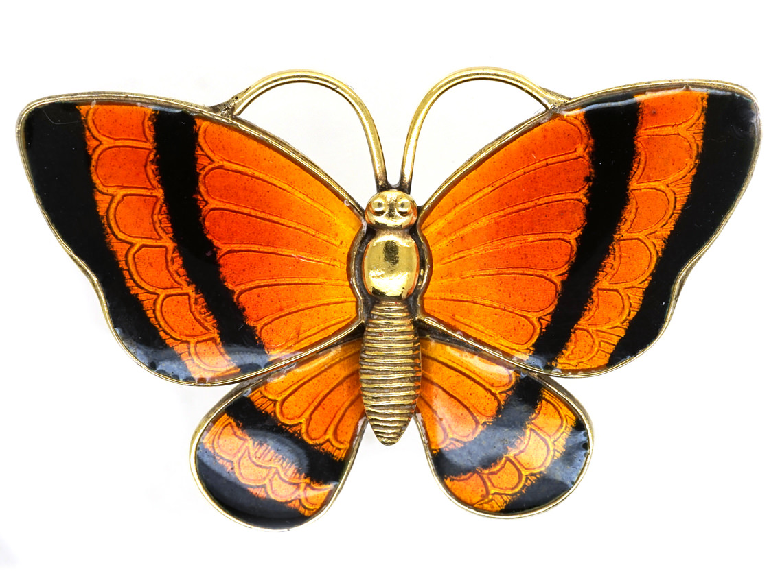 Silver Gilt Orange & Black Enamel Butterfly Brooch by Volmer Bahner ...