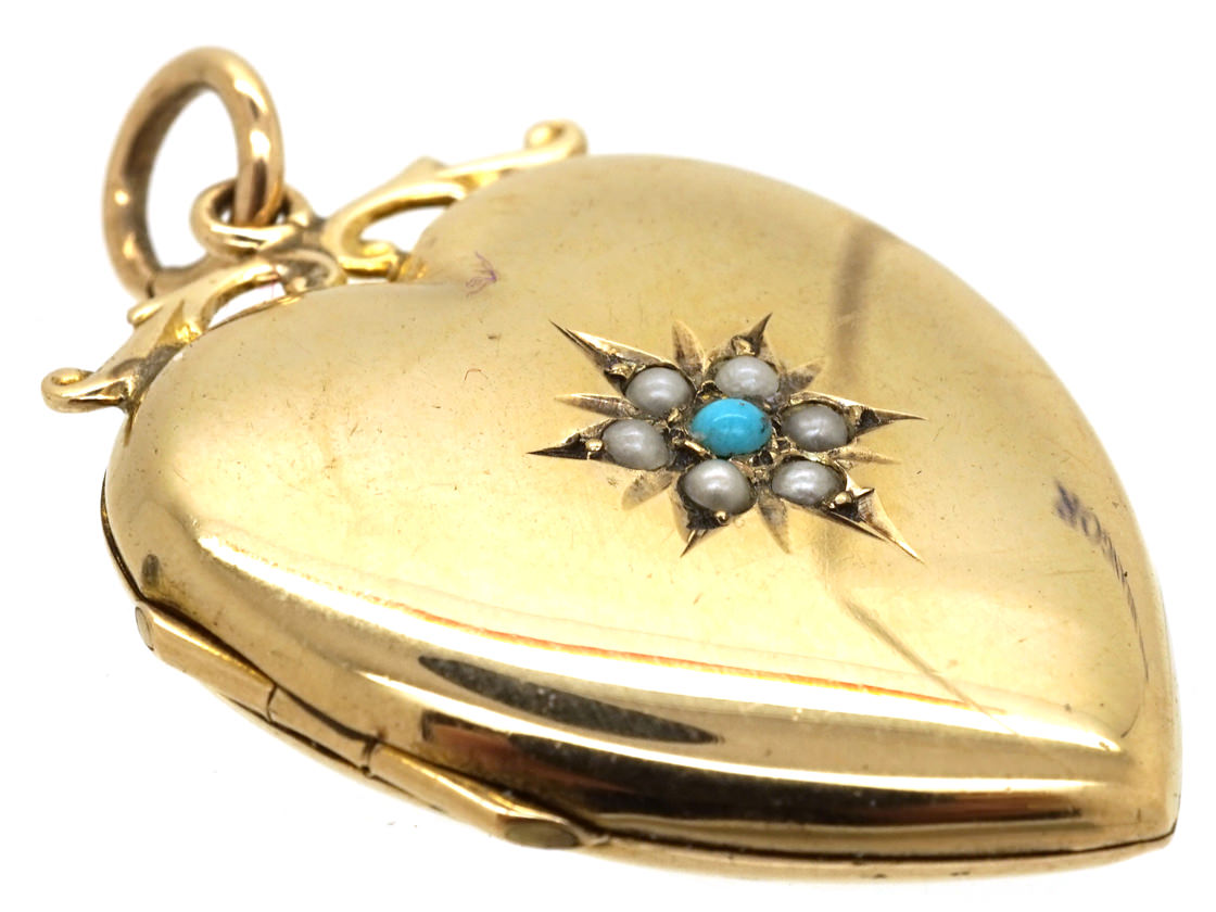 9ct Back & Front, Gold Turquoise & Natural Split Pearl Heart Shaped ...