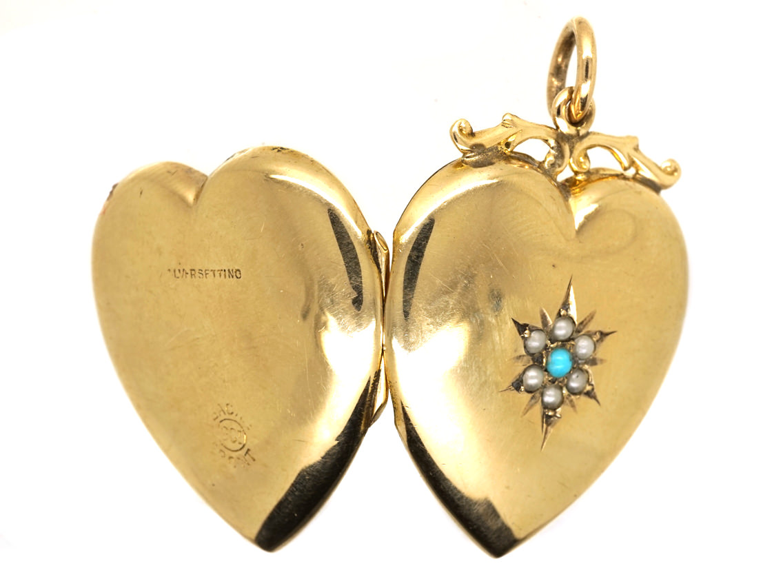 9ct Back & Front, Gold Turquoise & Natural Split Pearl Heart Shaped ...