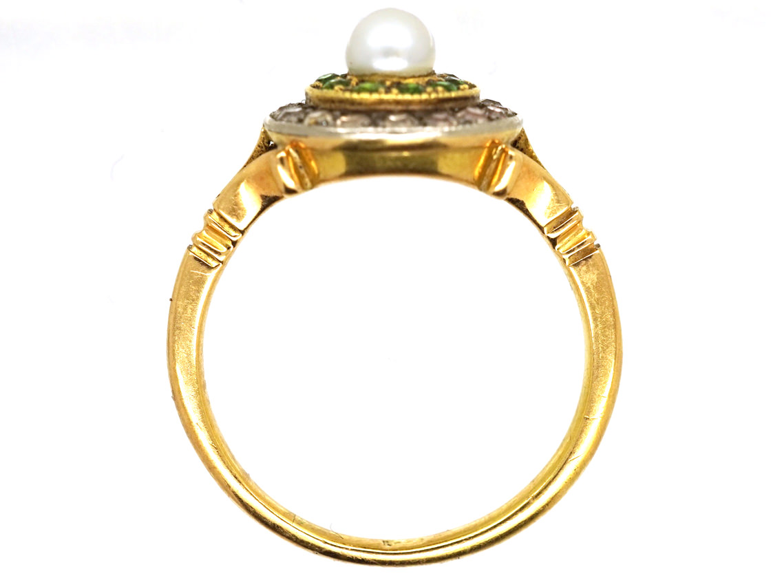 Edwardian 18ct Gold, Green Garnet, Diamond & Pearl Target Ring (85/J ...