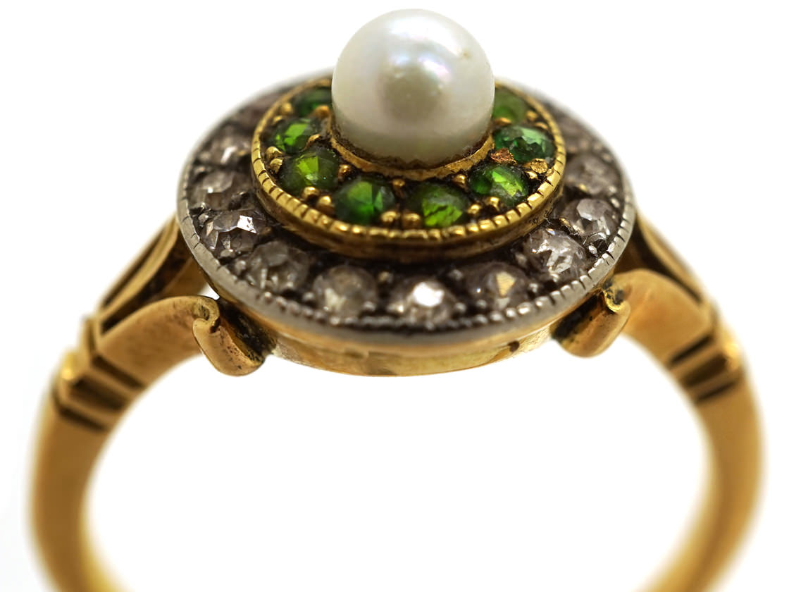 Edwardian 18ct Gold, Green Garnet, Diamond & Pearl Target Ring (85/J ...