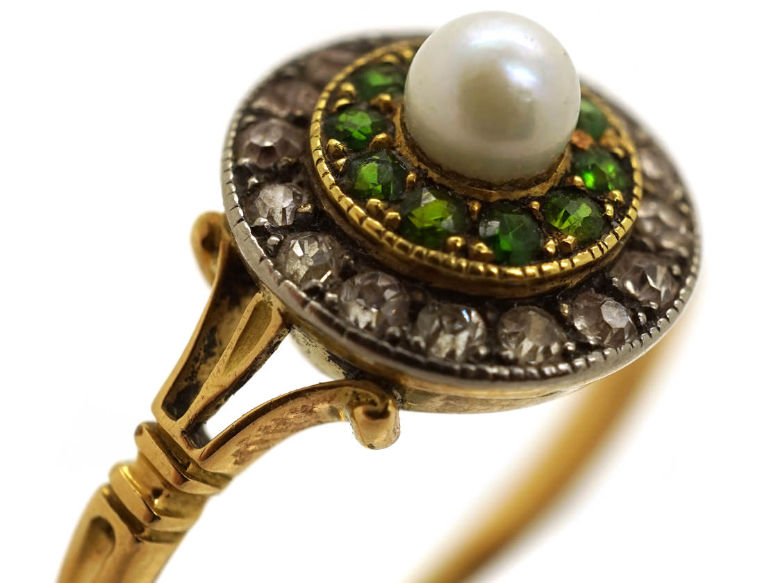 Edwardian 18ct Gold, Green Garnet, Diamond & Pearl Target Ring (85/J ...