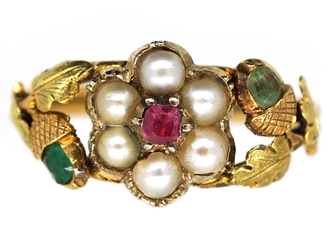 Georgian Two Colour Gold, Pearl, Ruby & Emerald Cluster Ring With ...