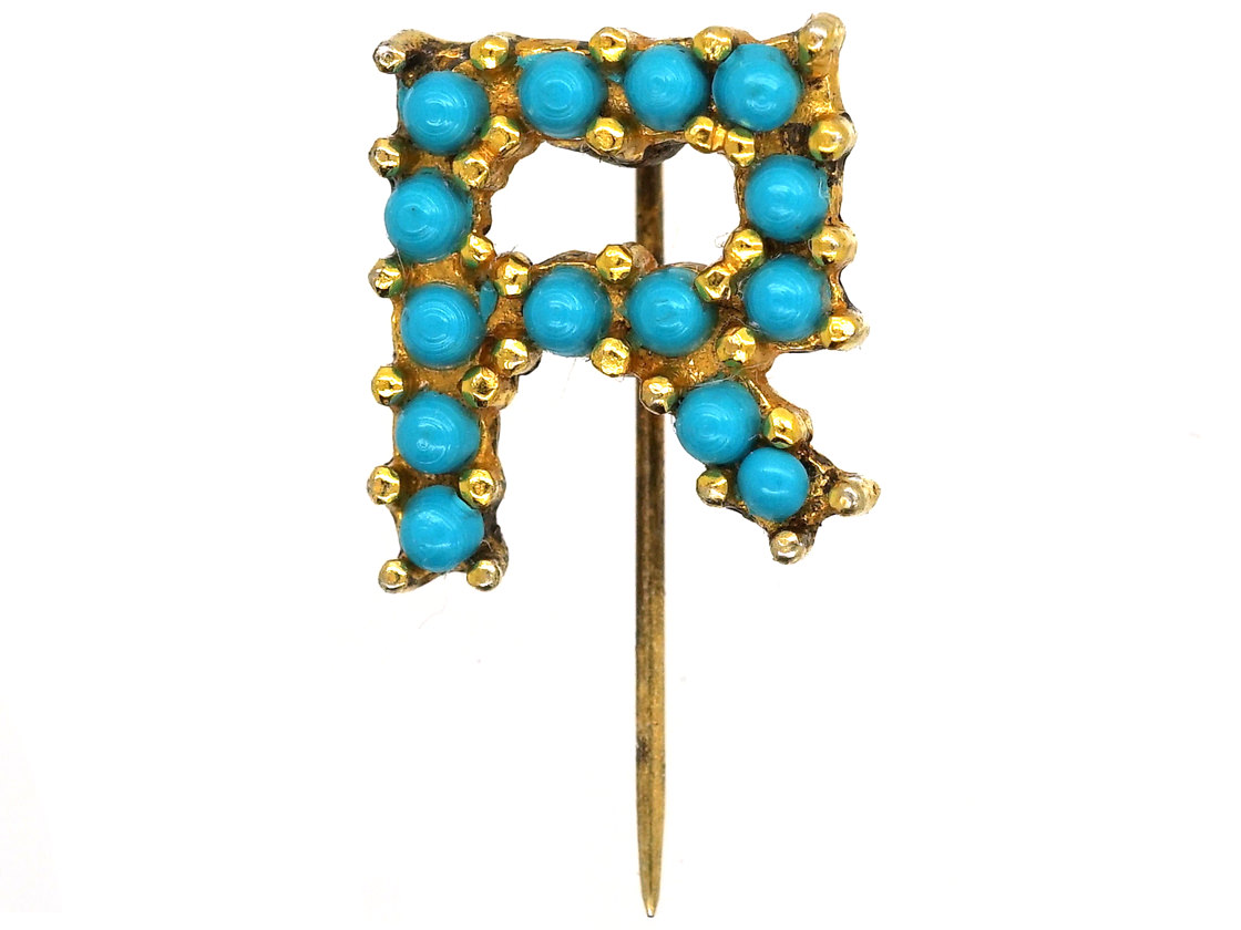 R Gold Plated & Turquoise Glass Tie Pin (975H) | The Antique Jewellery ...