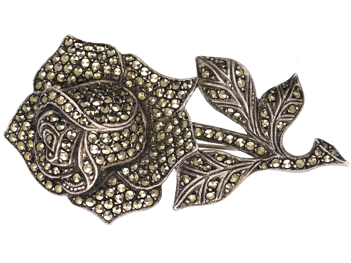 Silver & Marcasite Rose Brooch (46K) | The Antique Jewellery Company