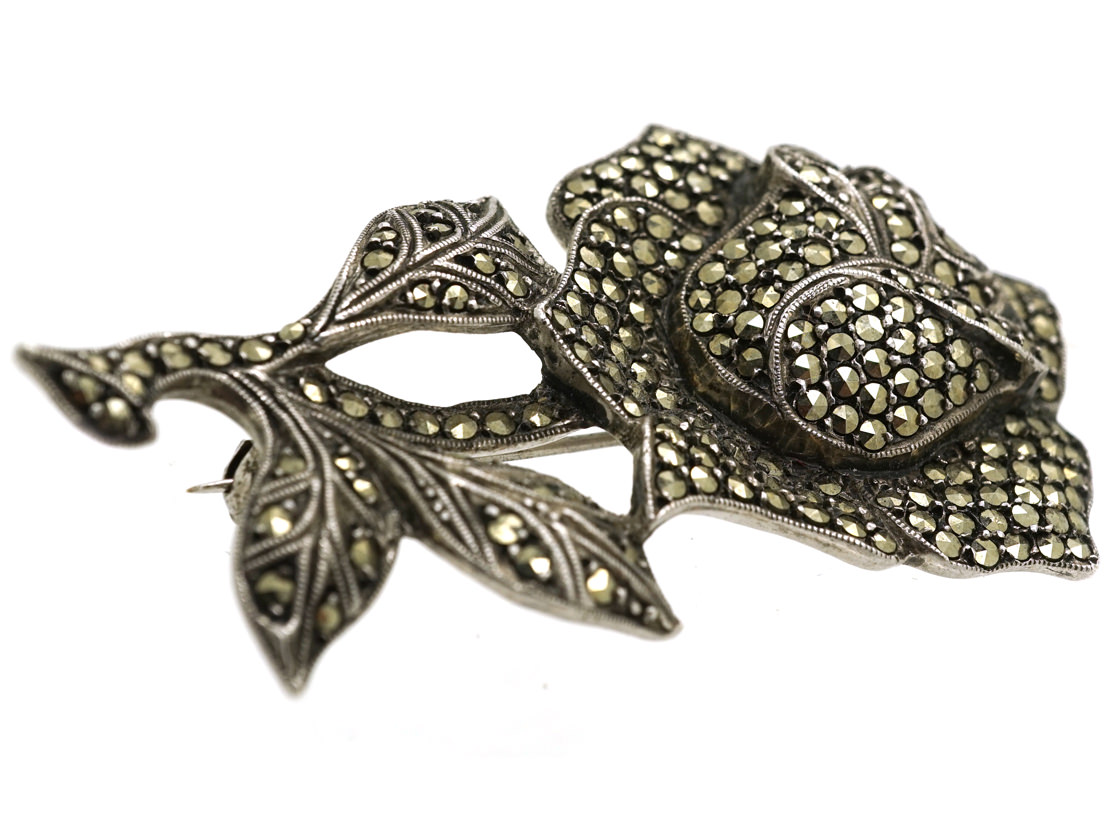 Silver & Marcasite Rose Brooch (46K) | The Antique Jewellery Company