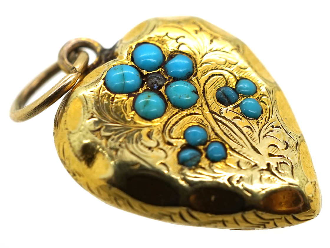 Late Georgian 15ct Gold & Turquoise Heart Shaped Forget Me Not Pendant ...