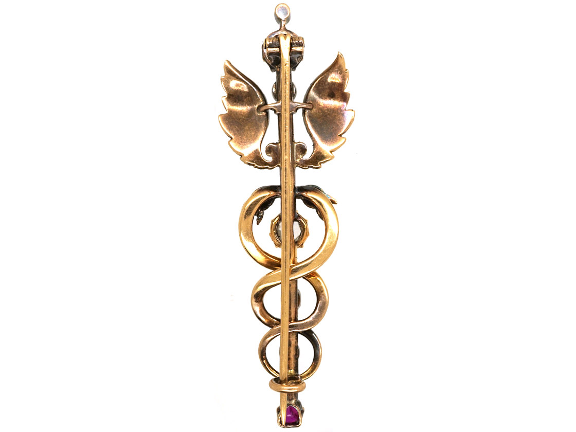 Victorian Rose Diamond, Ruby & Sapphire Caduceus Brooch (36K) | The ...