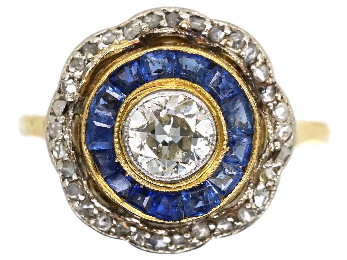 Art Deco 18ct Gold & Platinum Target Ring Set With Sapphires & Diamonds ...