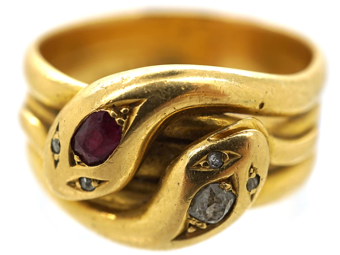 Victorian 18ct Gold, Ruby & Diamond Double Snake Ring (319F) | The ...