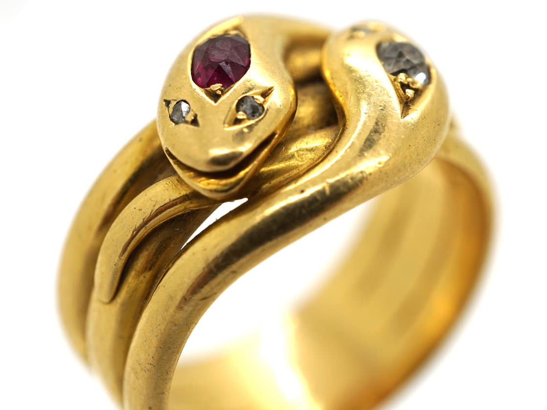Victorian 18ct Gold, Ruby & Diamond Double Snake Ring (319F) | The ...