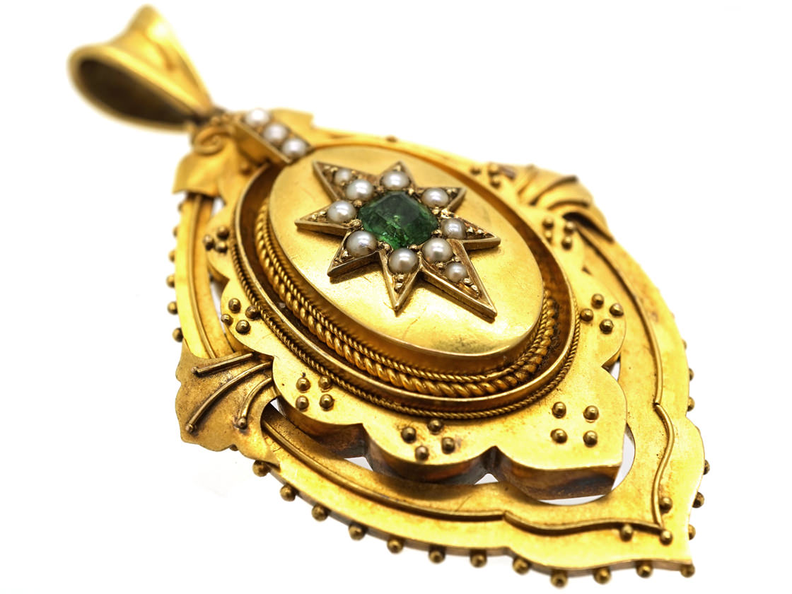 Victorian 15ct Gold Emerald & Natural Split Pearl Pendant With Star ...