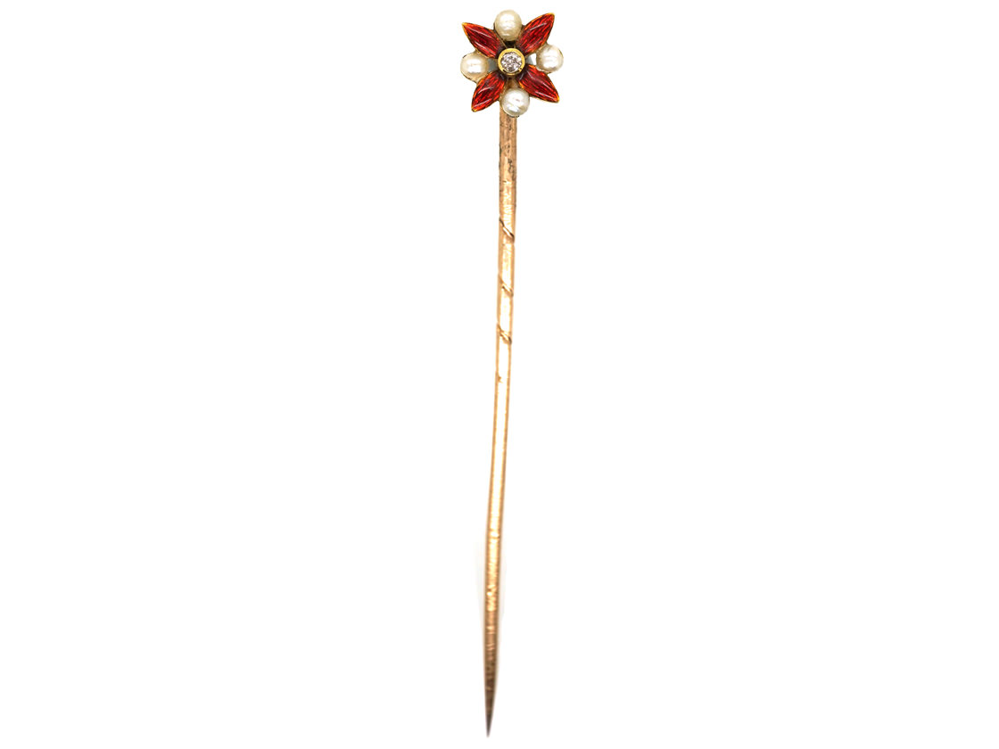 Edwardian 15ct Gold, Red Enamel & Natural Pearl Tie Pin (197/O) | The ...