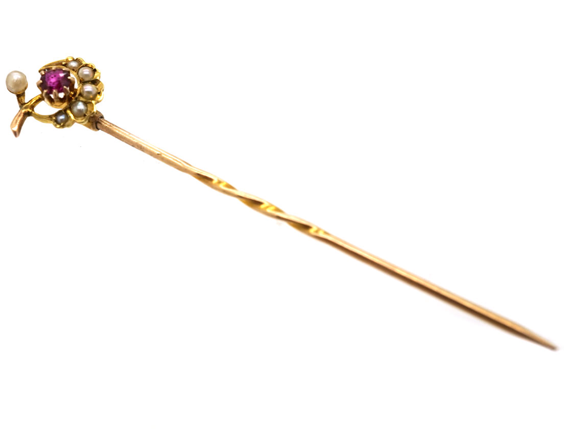 Edwardian 15ct Gold, Ruby & Natural Split Pearl Harvest Moon Tie Pin ...