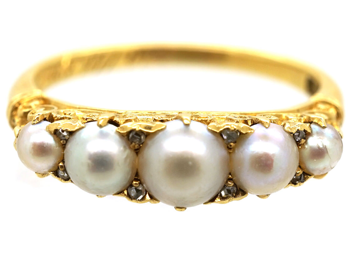 Edwardian 18ct Gold, Rose Diamond & Natural Split Pearl Carved Half ...
