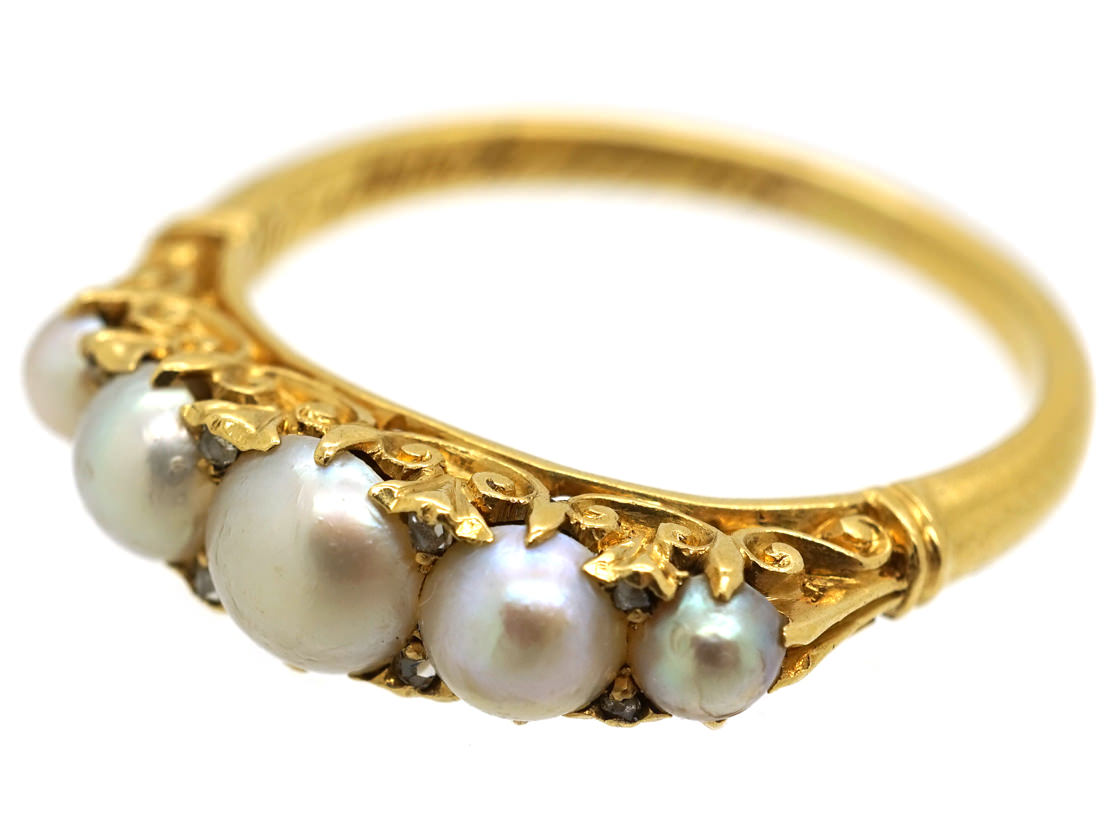 Edwardian 18ct Gold, Rose Diamond & Natural Split Pearl Carved Half ...