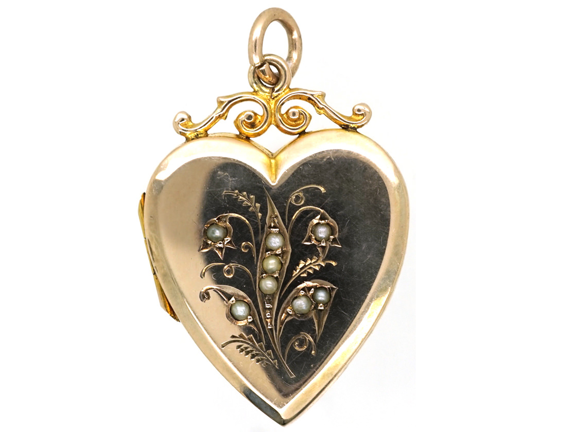Edwardian 9ct Back & Front & Split Pearls Heart Locket with Lily of the ...