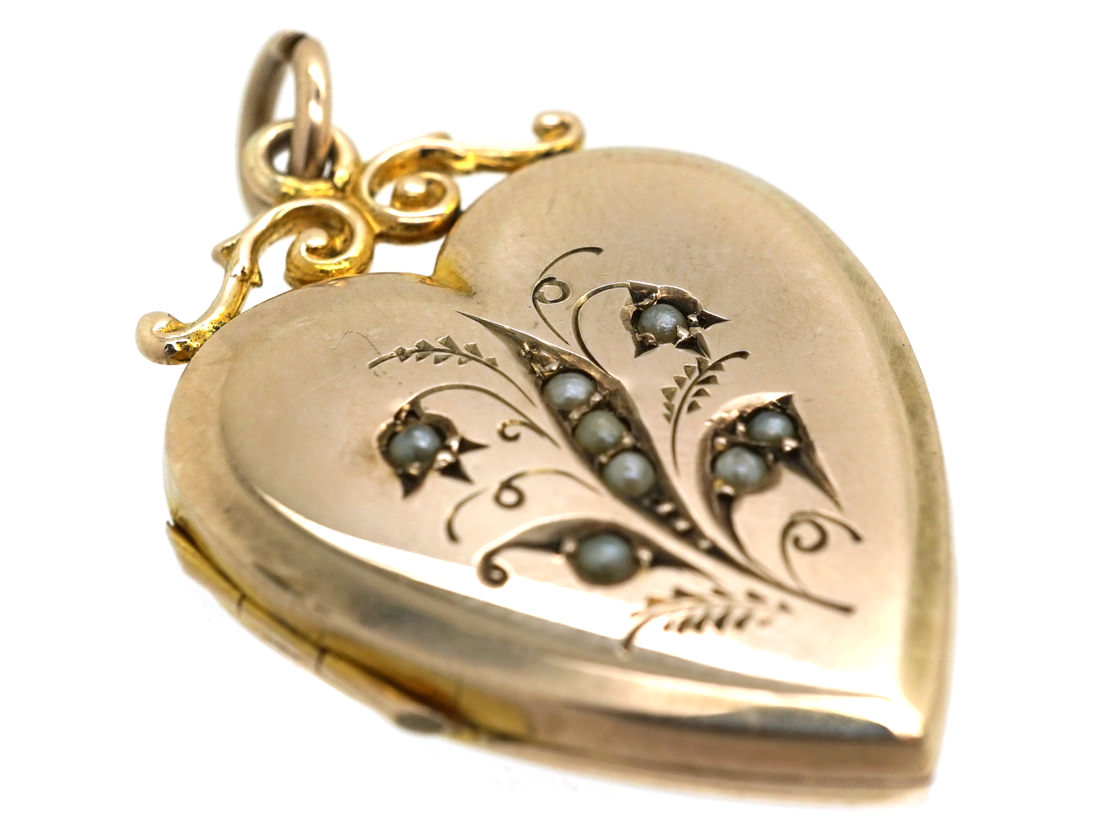 Edwardian 9ct Back & Front & Split Pearls Heart Locket with Lily of the ...