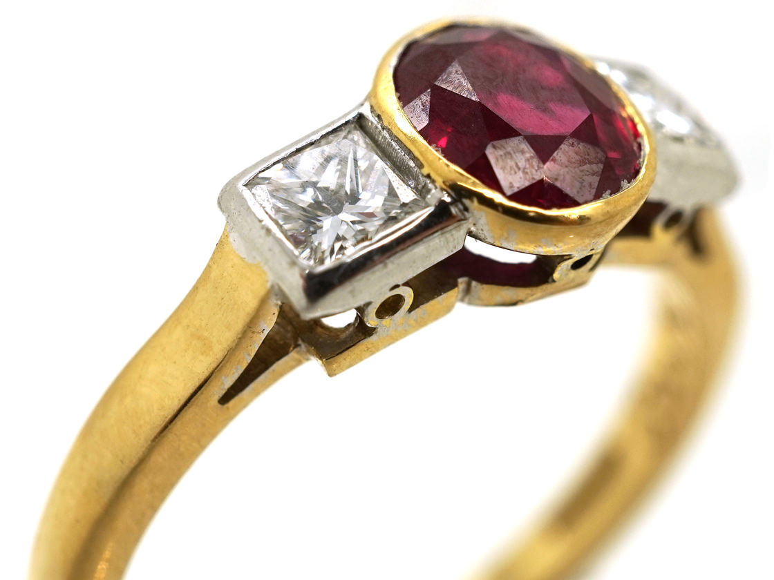 18ct Gold, Diamond & Ruby Three Stone Ring (340K) | The Antique ...