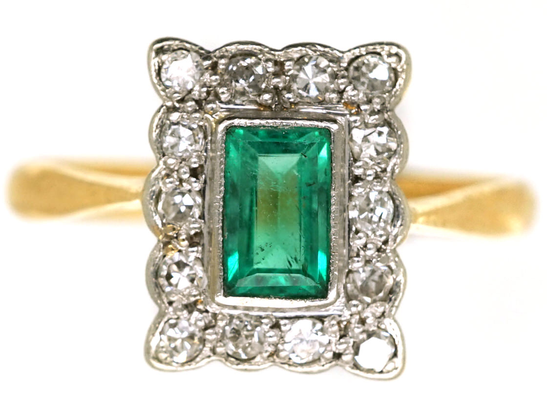 Art Deco 18ct Gold, Platinum & Emerald & Diamond Rectangular Ring (339K ...