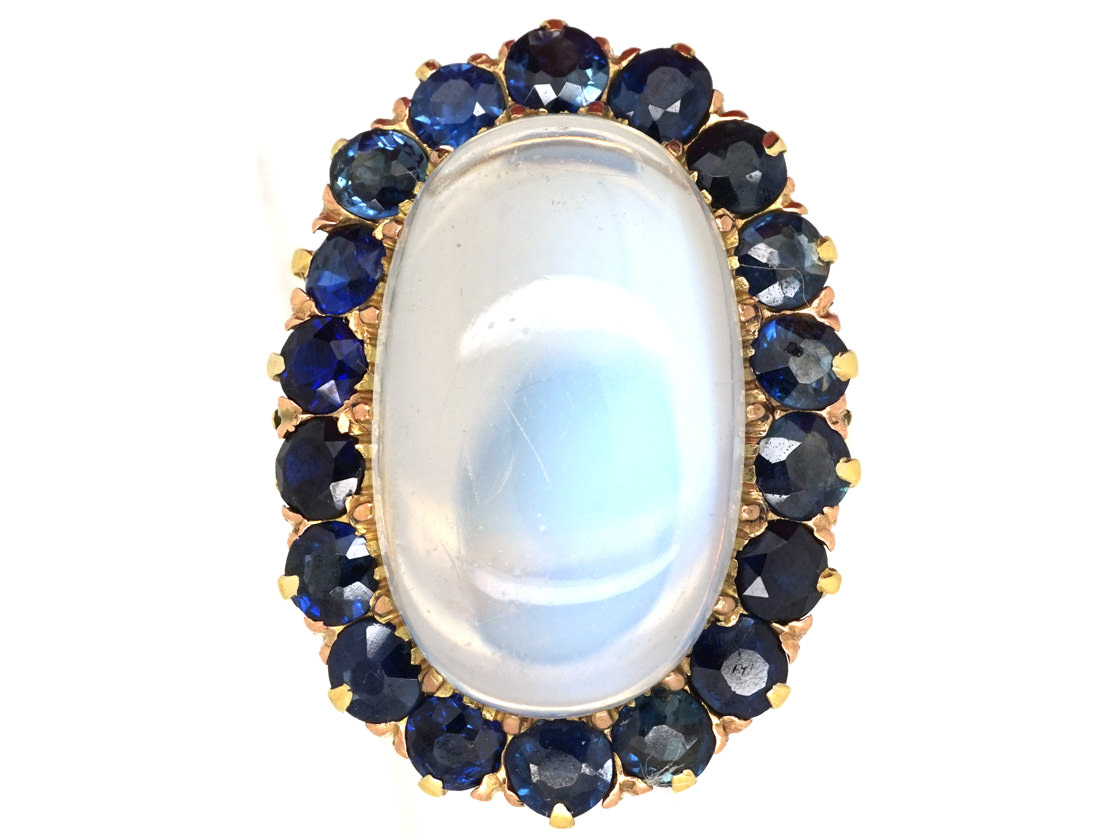 18ct Gold Large Moonstone & Sapphire Ring (348K) | The Antique ...