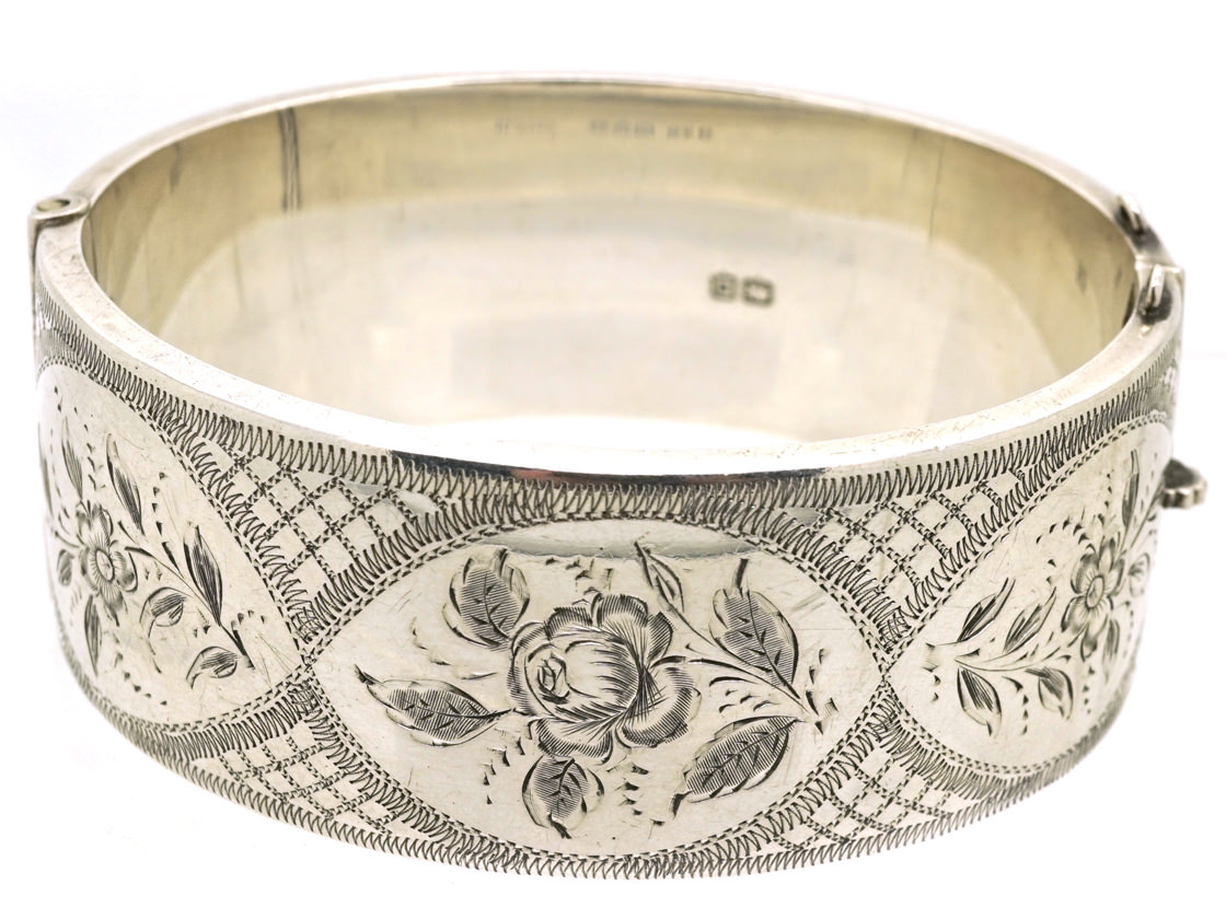 Silver Bangle With Engraved Flower Motif (476K) | The Antique Jewellery ...