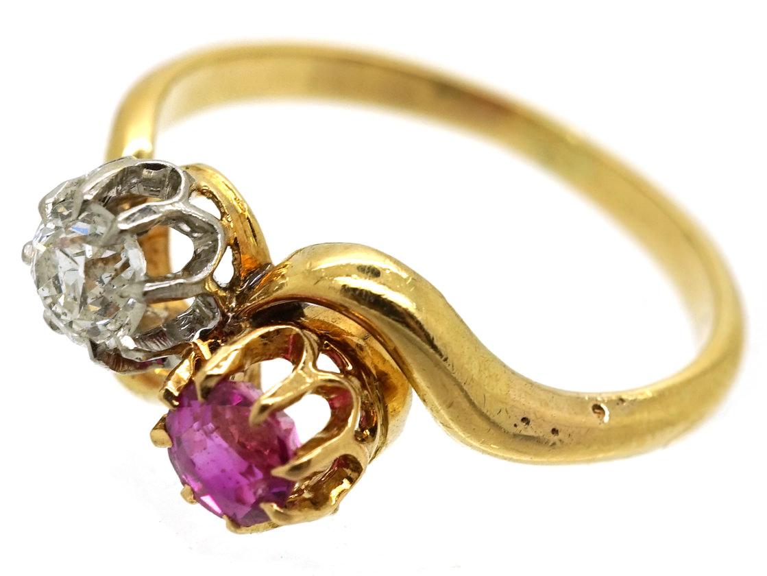 Edwardian 18ct Gold Ruby & Diamond Crossover Ring (500K) | The Antique ...