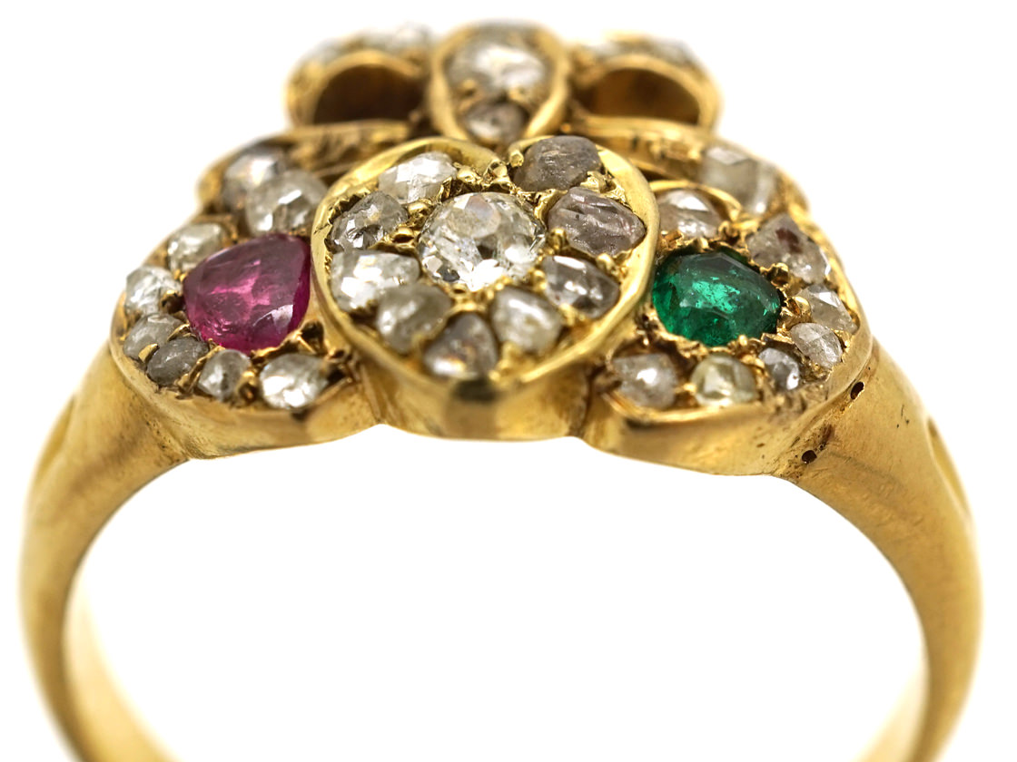 Edwardian 18ct Gold Triple Heart Diamond Ruby & Emerald Ring (489K ...