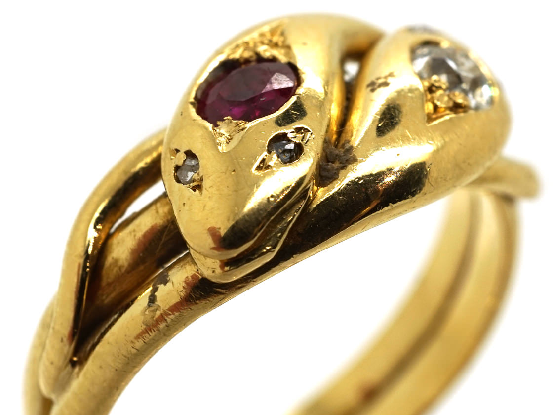 Victorian 18ct Gold Snake Ring Set With a Ruby & a Diamond (172K) | The ...