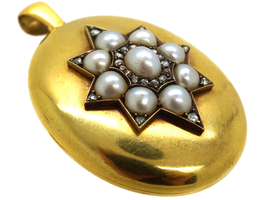 Victorian 18ct Gold Locket With Natural Split Pearl & Rose Diamond Star ...