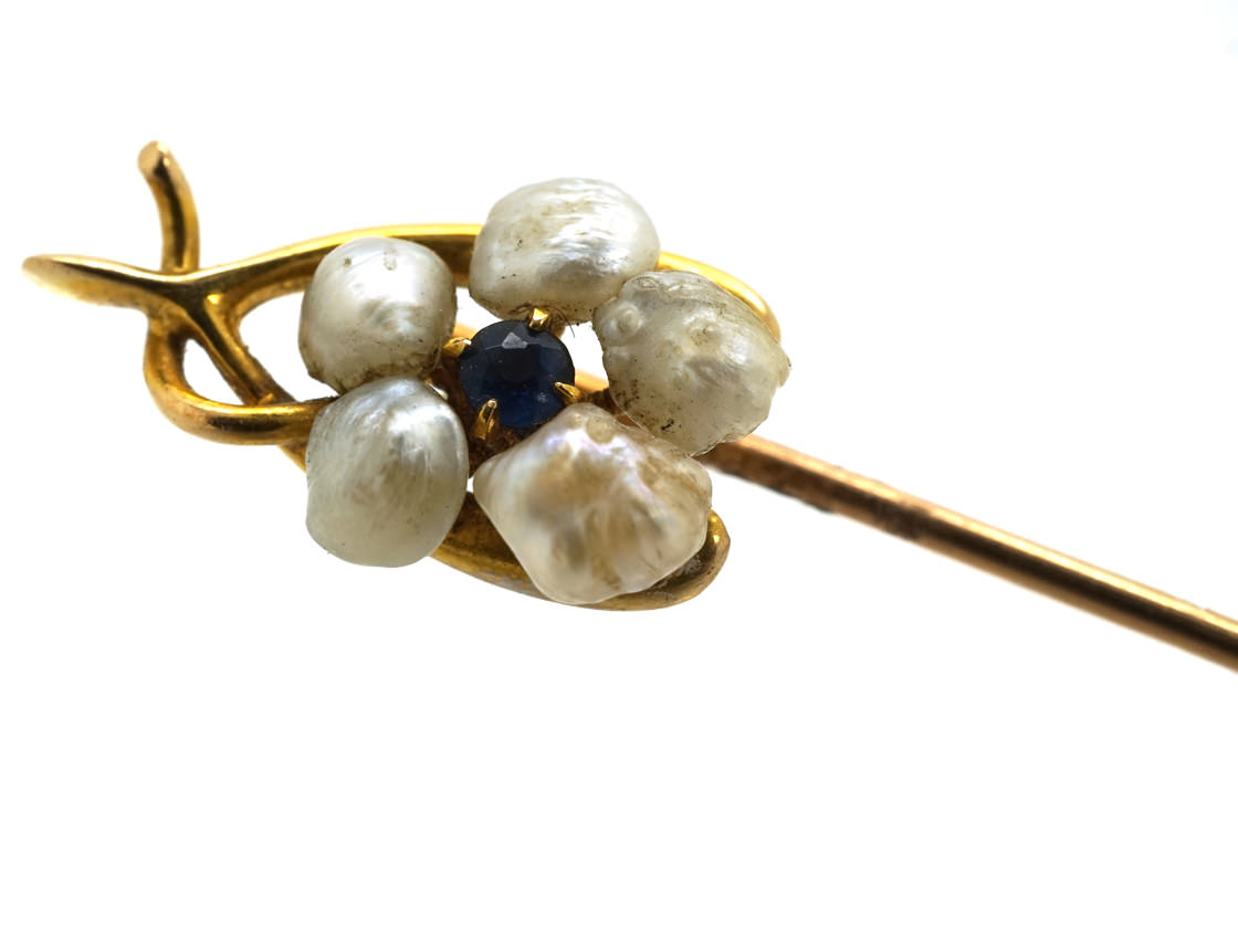 Edwardian 15ct Gold Wishbone & Flower Tie Pin Set With a Sapphire ...