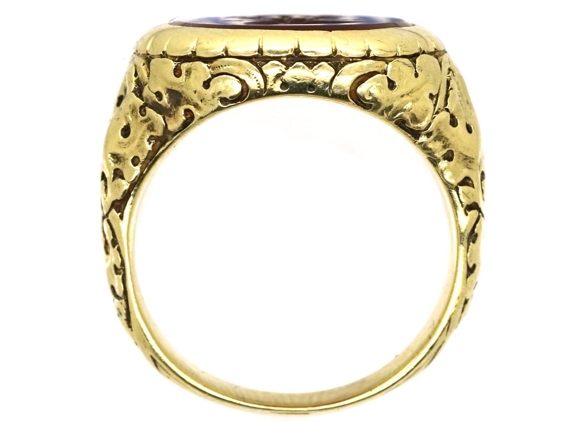 14ct Gold Signet Ring With Carnelian Intaglio of Two Swans & A Bear ...