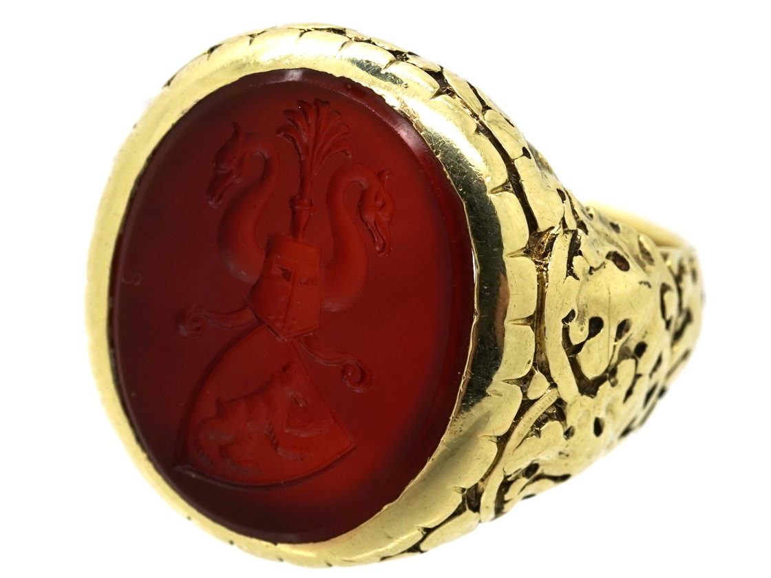 14ct Gold Signet Ring With Carnelian Intaglio of Two Swans & A Bear ...