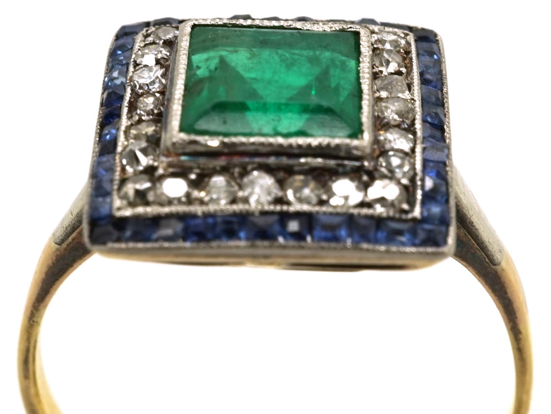 Art Deco Sapphire, Emerald & Diamond Square Ring (629K) | The Antique ...