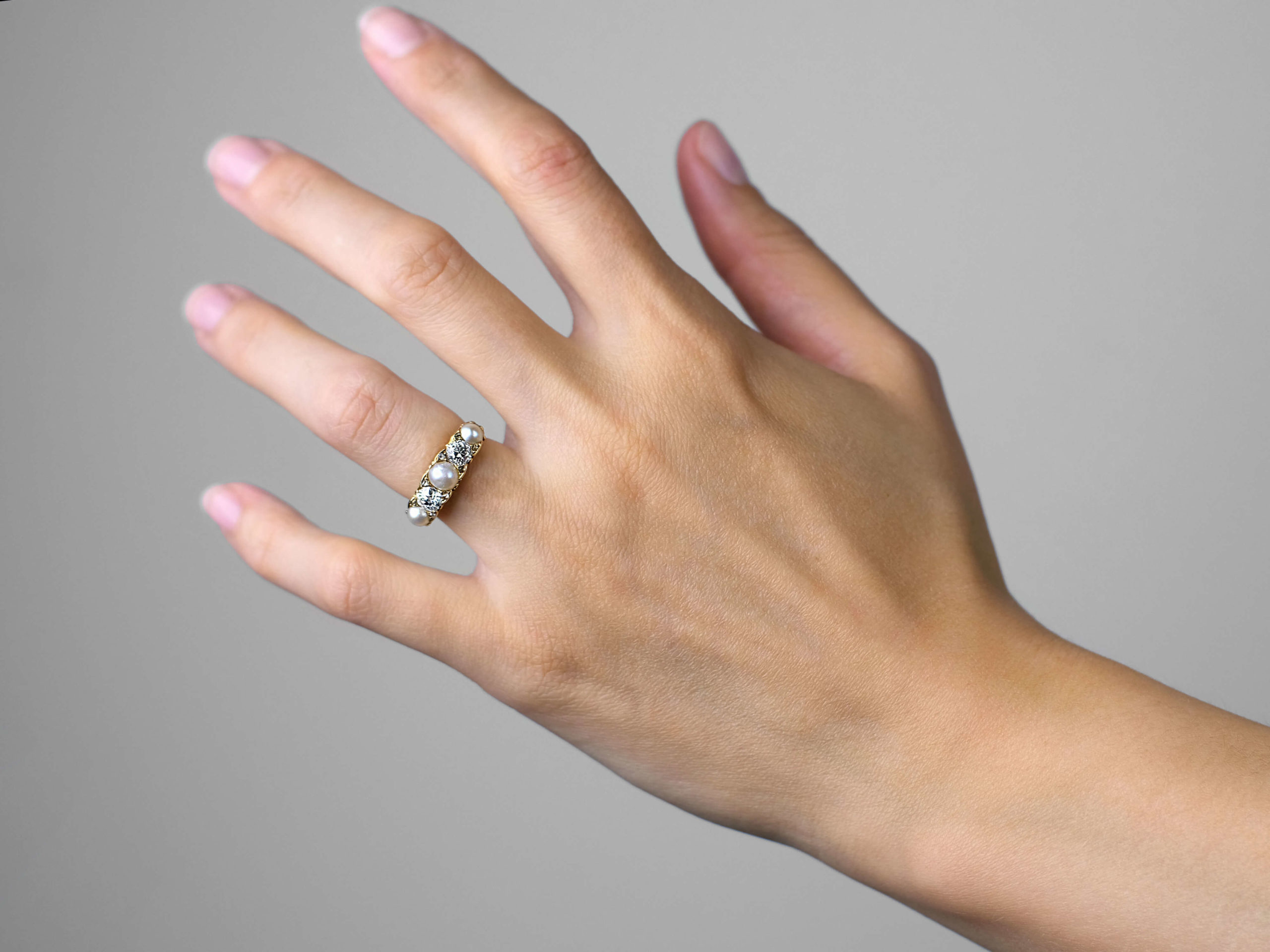 Victorian 18ct Gold Diamond & Natural Pearl Carved Half Hoop Ring (599K ...